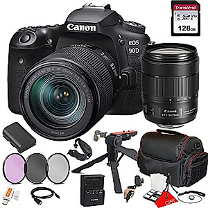 Canon EOS 90D DSLR Camera w/EF-S 18-135mm F/3.5-5.6 is USM Lens + 128GB Memory + Case + Filters + Tripod + 3 Piece Filter Kit + More (24pc Bundle)