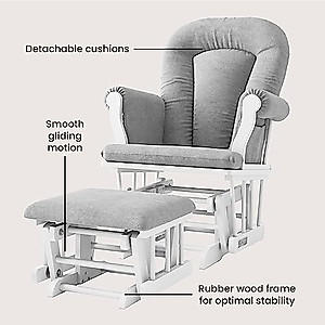 Child Craft Cozy Glider Rocker and Ottoman Set, Padded Cushion with Storage Pockets, Solid Wood Base, Matte White with Light Gray Cushion
