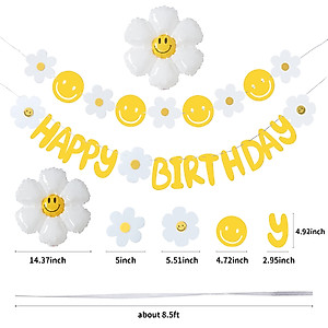 Happy Birthday Banner, Daisy Birthday Party Decorations with Daisy Balloon and Felt Daisy Smiley Face Birthday Banners for Boho Hippie Groovy Smiley Face Party Baby Shower Girl Birthday Decorations