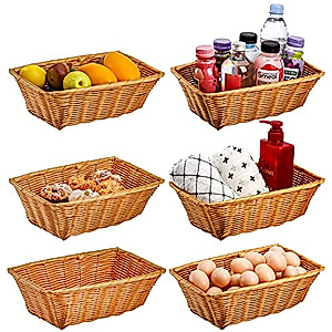 Coloch 6 Pack Poly Wicker Woven Bread Basket, 12 Inch Imitation Rattan Fruit Basket Stackable Rectangle Serving Basket for Fruit, Bread, Vegetable, Towel, Home, Restaurant, Outdoor Use