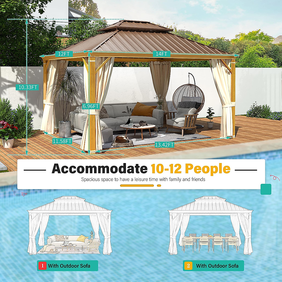 Hardtop Gazebo 12' x 14' W/Steel Double Roof, Anti-Rust Coating Aluminum Frame Permanent Outdoor Waterproof Pavilion w/Curtains & Netting, Hard Top Gazebo for Patio Backyard Garden Lawn Deck Parties