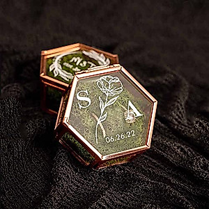 Getname Necklace Custom Hexagon Glass Ring Box with Moss for Wedding Ceremony Birthday Engagement Ring Box for Proposal Bearer Box with Names & Initials Ring Holder Jewelry Ring Boxes Organizer