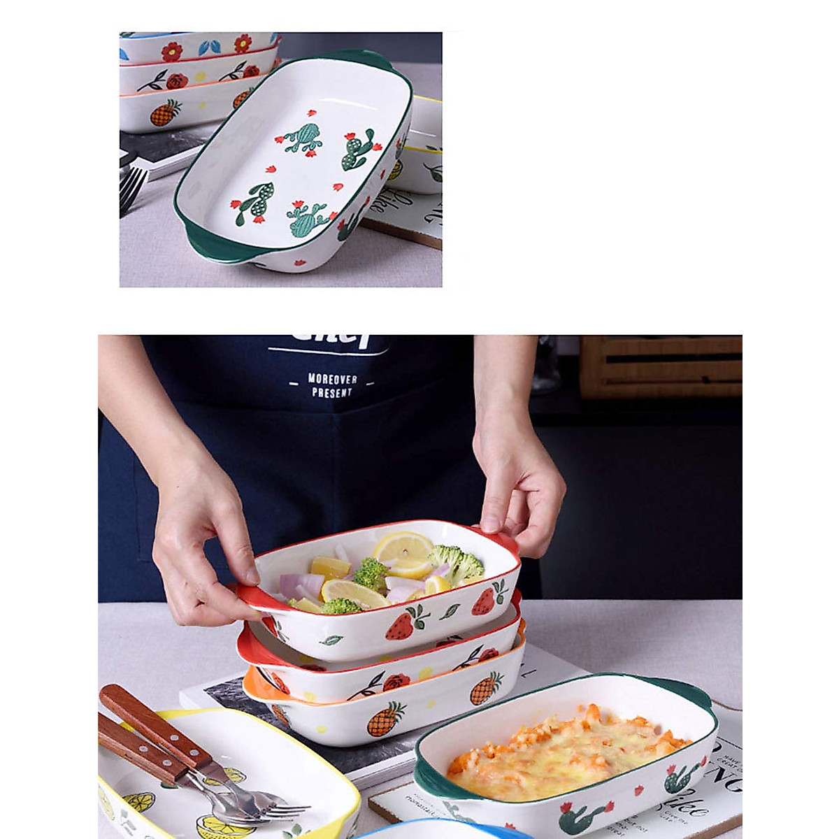 Bicuzat 8 x 5 Inch Ceramic Oven to Table Bakeware Dinner Plate, for Oven Roasting Lasagna Pan Cheese Baked Rice Bowl Baking Dish with Handle,Strawberry(1 PCS)