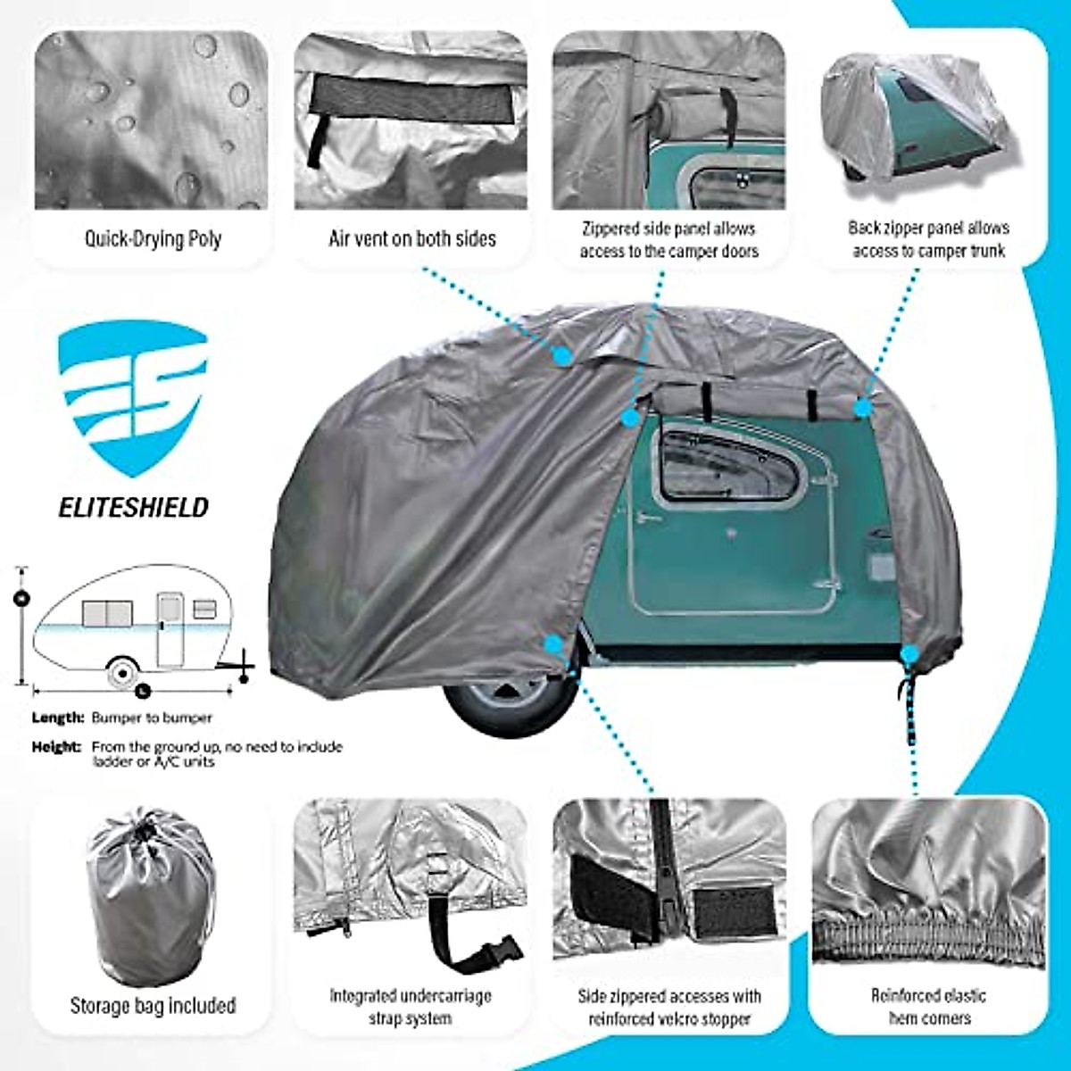 EliteShield ShieldAll Ultimate Teardrop Trailer Cover, Waterproof UV Protection Teardrop Camper Cover Fits 10 Feet to 12 Feet Long, 6 Feet Wide Silver Color