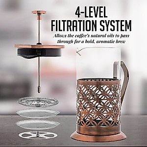 OVENTE French Press Coffee Maker 34 Ounce, 4 Filter Stainless Steel Filter Plunger System & Durable Borosilicate Heat Resistant Glass with Free Scoop, Perfect for Hot & Cold Brew, Copper FSF34C