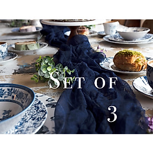 LS Designs Rustic Cotton Gauze Cheesecloth Table Runner 36 inch x 180 inches (3 ft x 15 ft) Open Edge, Non-seared, Wedding, Bridal Shower, Wedding Drapery, Table Runner (Navy Blue Set of 3)