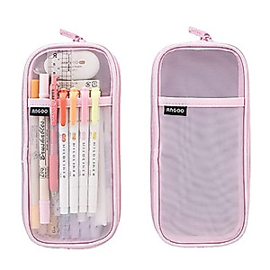 Grid Mesh Pen Pencil Case with Zipper, Large capacity Clear Makeup Color Pouch Cosmetics Bag, Multi-Purpose Travel School Teen Girls Transparent Stationary Bag, Office Organizer Box for Adluts (Pink)