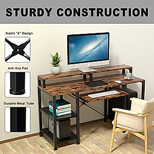 TechLand Industrial Computer Desk with Storage Shelves/Keyboard Tray/Monitor Stand, Modern Study Writing Table Workstation for Home Office