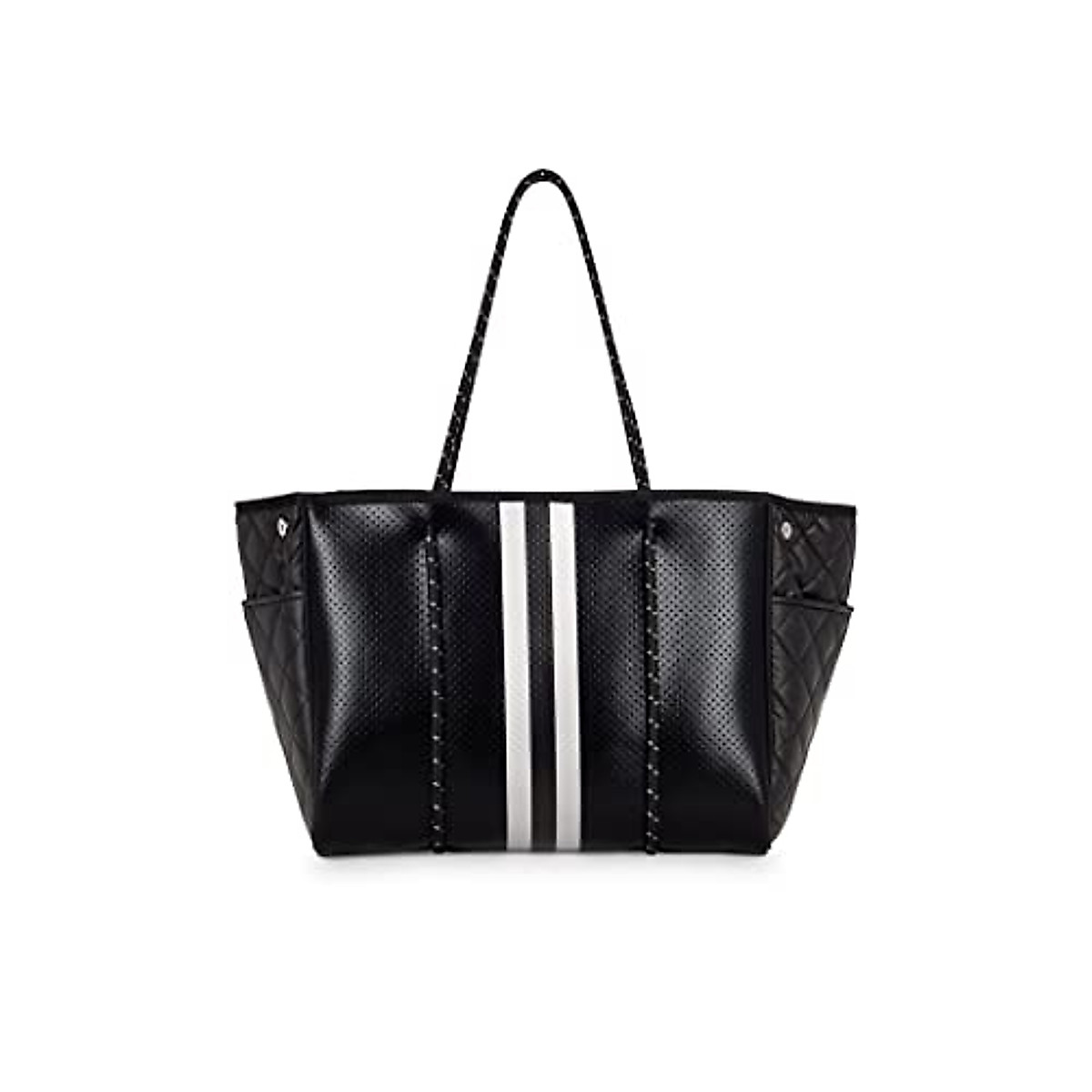 Haute Shore - Greyson Carbon Neoprene Tote Bag w/Zipper Wristlet Inside,Black Coated W/Silver & Black Stripe,One_Size