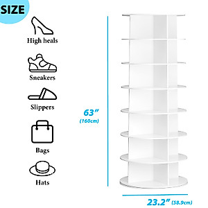 GZOOGHOME 7-Tier Rotating Shoe Rack Tower, Modern Shoes Spinning Display Stand, Round Swivel Shoe Storage Cabinet, Lazy Suan 360 Revolving Shoes Cloest Organization (White)