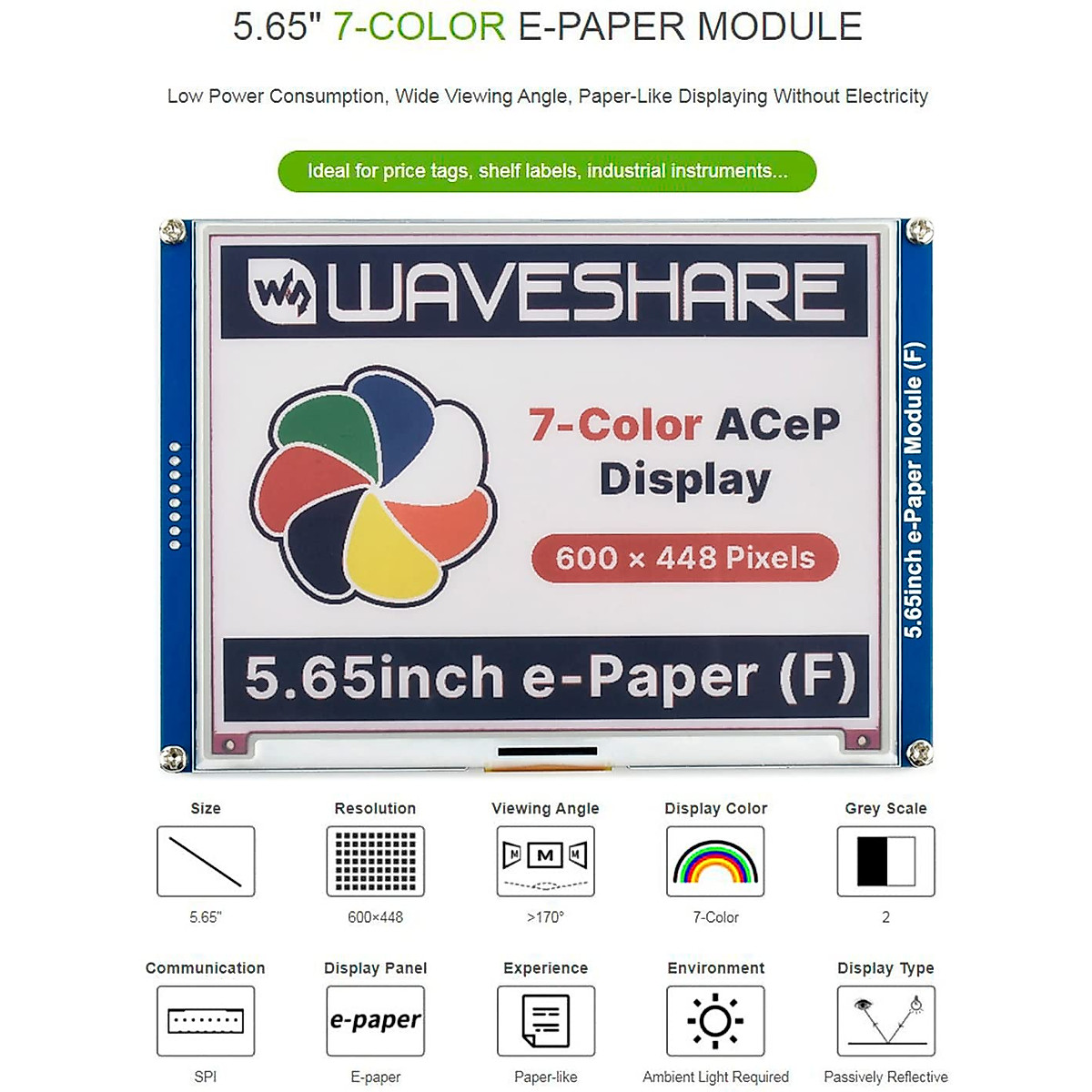 waveshare 5.65inch E-Ink Display HAT 7-Color ACeP E-Paper Display 600x448 Pixels for Raspberry Pi 4B/3B+/3B/2B/Zero/Zero W/Zero WH and Jetson Nano