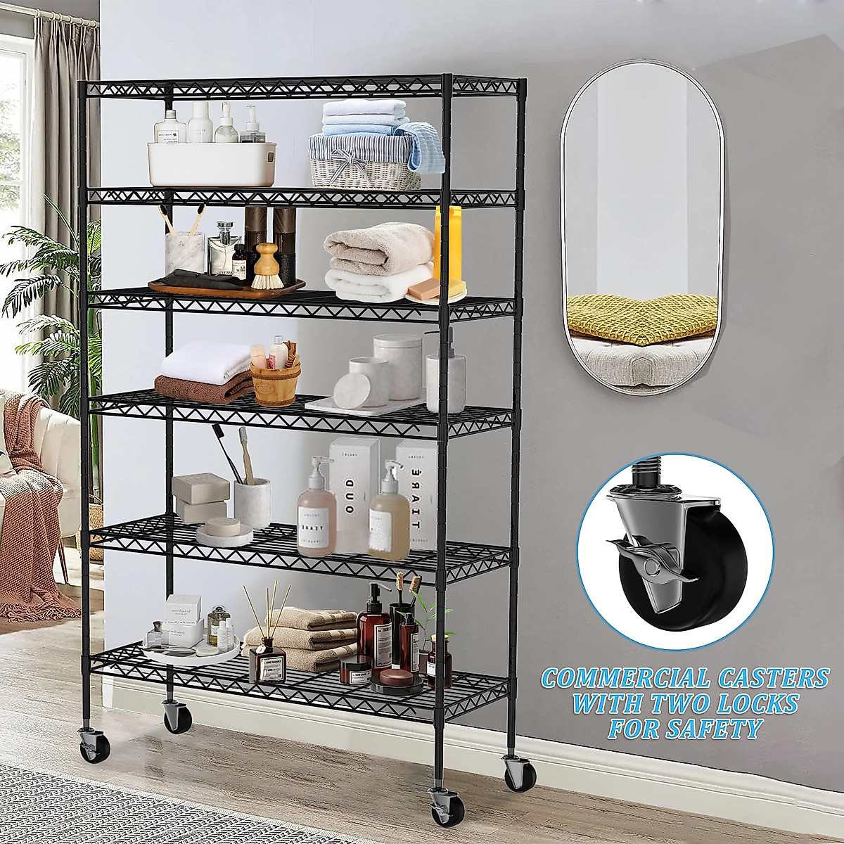 Dlewmsyic 6 Tier NSF Certified Metal Storage Shelving Unit,48D x 18W x 78H Load 2100lbs,Adjustable Metal Shelving for Restaurant Kitchen Bathroom Garage,Commercial Grade Shelves Organizer, Black