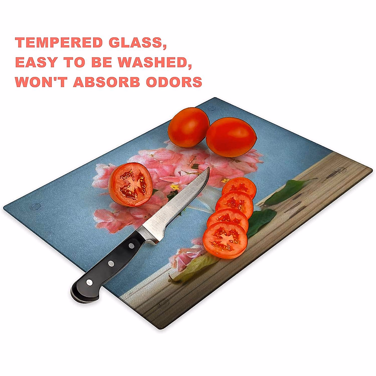 Tempered Glass Cutting Board Still life with pink flowers on wooden table over grunge background Tableware Kitchen Decorative Cutting Board with Non-slip Legs, Serving Board, Large Size, 15" x 11"