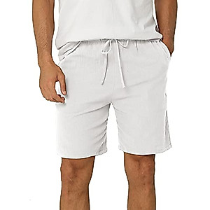 AUDATE Men's Shorts Linen Cotton Shorts Casual Summer Beach Shorts Waist Elastic Drawstring Shorts White XL