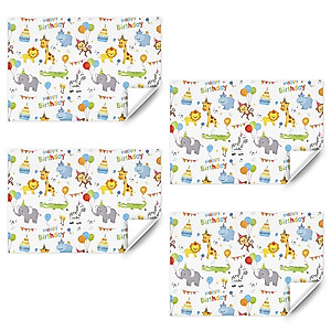 Birthday Wrapping Paper For Kids Girls Boys, Animals Party Design Gift Wrap Paper for Birthday Baby Shower, 4 Sheets Folded Flat 20x28 Inches Per Sheet, Monkey Lion Elephant Giraffe Alligator Zebra