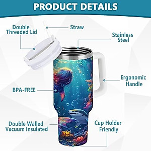 Slewiaeky Tumbler with Handle 40 oz Colorful Ocean Mermaid Shark Travel Mug with Lid and Straw Stainless Steel Vacuum Insulated Water Bottle Cup for Iced Tea Coffee Cold Beverages Cup Holder Friendly
