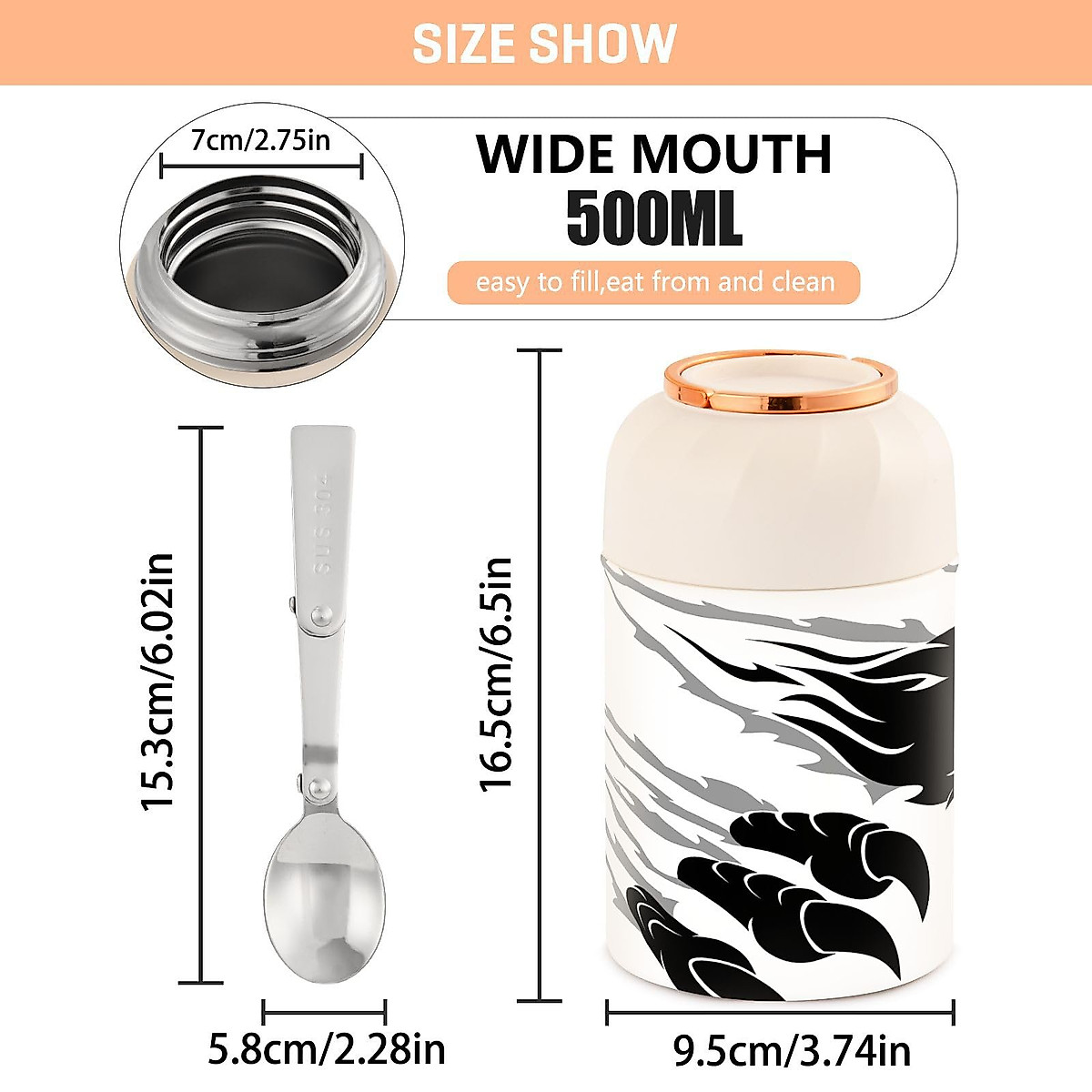 CUPADA Claw Rip Food Jar for Hot and Cold, Paw Stratching Insulated Food Jars Vacuum 17OZ with Folding Spoon for Work Trip Picnic Camping