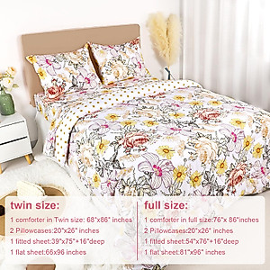 HNHUAMING Floral Twin Comforter Set for Girl,Reversible Comforter Twin Set, 5 Piece Twin Size Bed Set,Comfortable and Breathable Microfiber Bed in a Bag Set for Kid Girl