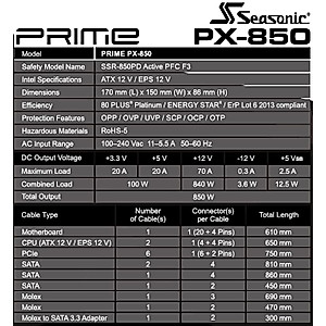 Seasonic Prime PX-850, 850W 80+ Platinum, Full Modular, Fan Control in Fanless, Silent, and Cooling Mode, 12 Year Warranty, Perfect Power Supply for Gaming and High-Performance Systems, SSR-850PD.