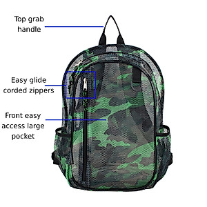 Eastsport Active Mesh Backpack See Through Semi Transparent with Adjustable Straps for Work, Travel, Security, Swimming and Beach - Camo/Black