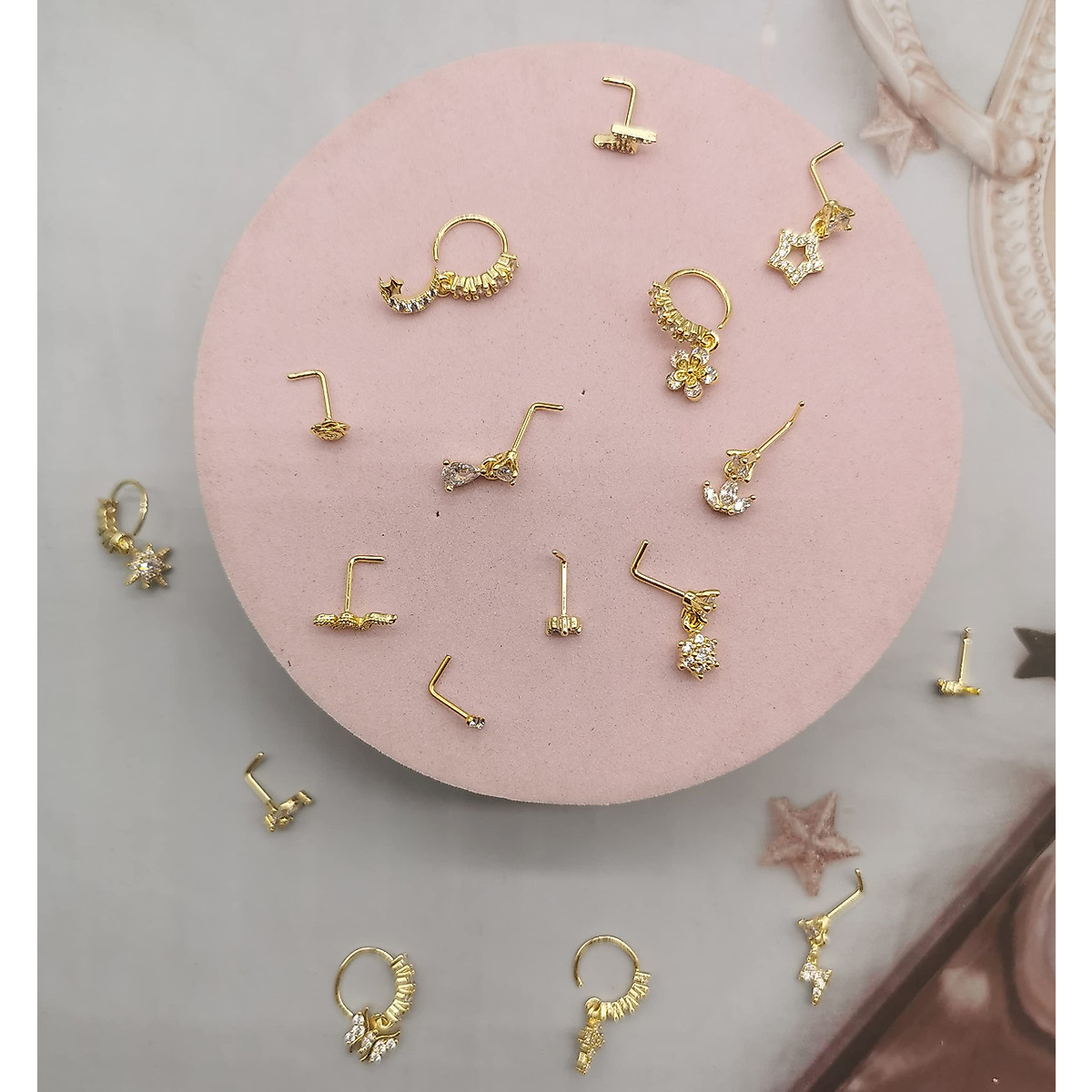 SAMOCO 20Pcs 20G Dangle Nose Ring L Shaped Dangling Stud for Women, CZ Flower Stainless Steel Studs Hoops Nose Piercing Jewelry(Gold)