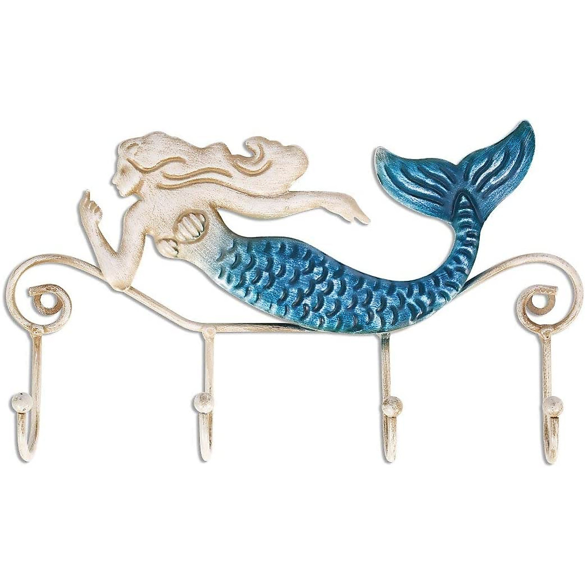 Tooarts Wall Mounted Key Holder Iron Mermaid Wall Decoration 4 Hooks for Coats Towels Bags Wall Mount Clothes Holder Screws Included