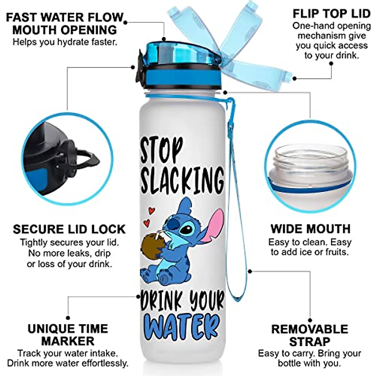 GEPOSTORE Blue Allien 32 Oz Water Track Bottle, Stop Slacking Drink Your Bottle With Time Marker, Bottles, Motivational Insulated Gift For Cute Lovers