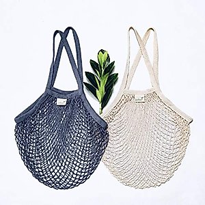 Reusable Grocery Net Bags, Cotton Mesh Tote, Farmer's Market Bags for Fruits and Vegetables, String Shopping Organizer, Storage Bag with Long Handles, 2 Packs (Beige, Gray)
