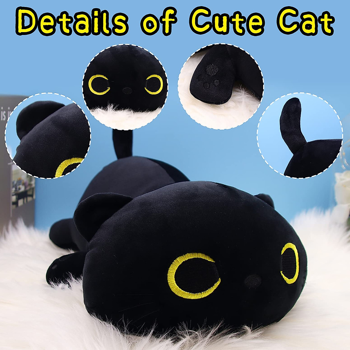KOPHINYE Black Cat Plush Cat Stuffed Animal Toys, Cute Black Cat Plush Pillow Stuffed Cat Doll, 8inch Soft Black Cat Stuffed Animals Kawaii Home Decorations Birthday Gifts for Kids