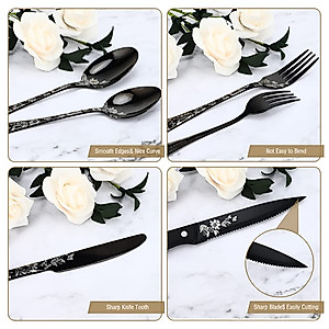 24-Piece Black Silverware Set with Steak Knives, Seolmae Unique Flower Design Stainless Steel Flatware Cutlery Set, Include Textured Fork Spoon Knife Set, Mirror Polished, Dishwasher Safe Utensils