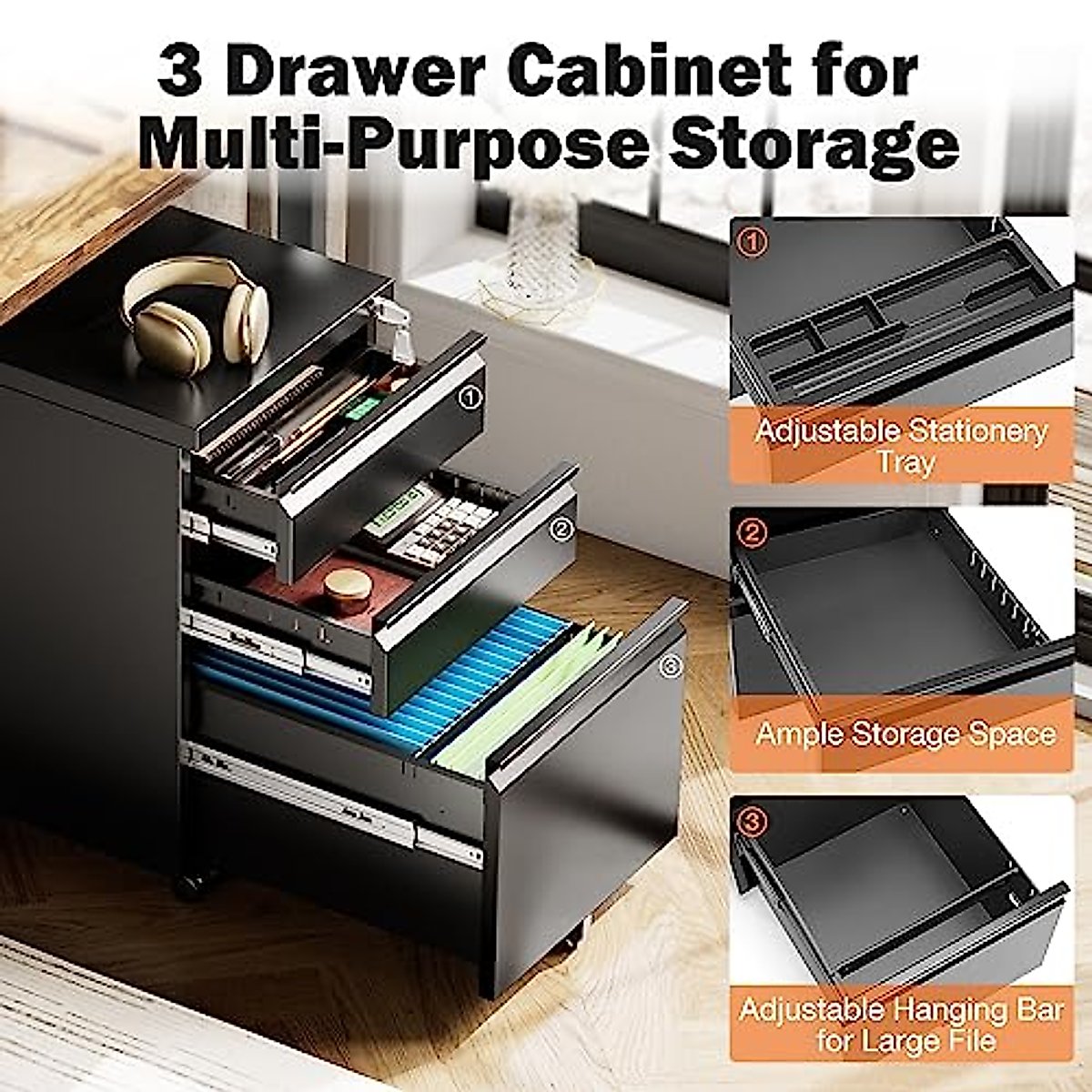 Sweetcrispy File Cabinet - 3 Drawer File Cabinet with Lock, Mobile Rolling File Cabinet, Under Desk File Cabinet with Pre-Assembled, Metal Small File Cabinet for Home Office