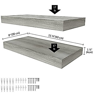 Ballucci Floating Shelves Set Extra Wide, 2-Pack 16" L Wood Wall Mounted Ledges with Invisible Brackets for Living Room, Bedroom, Bathroom, Kitchen, Nursery, 8" Deep - Gray Oak