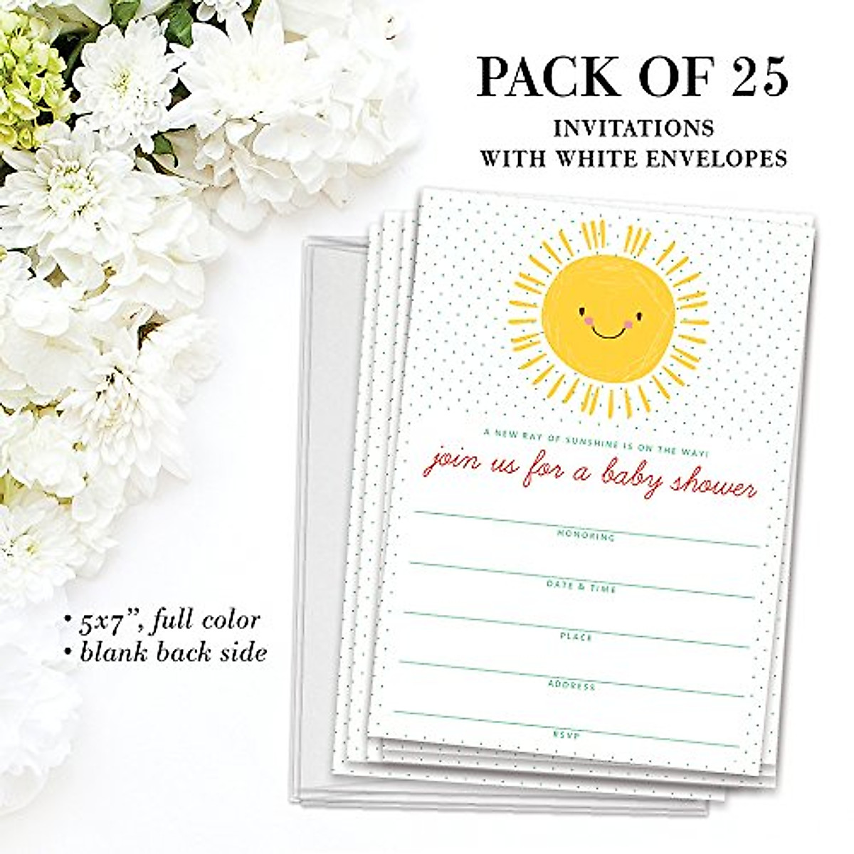 DB Party Studio Baby Shower Invitations Happy Sunshine Gender Neutral Sunny Smile Blank Invites with Envelopes ( Pack of 25 ) Large 5x7” Fill In Boy Girl Infant Mom-To-Be Smiling Sun Newborn VI0077B
