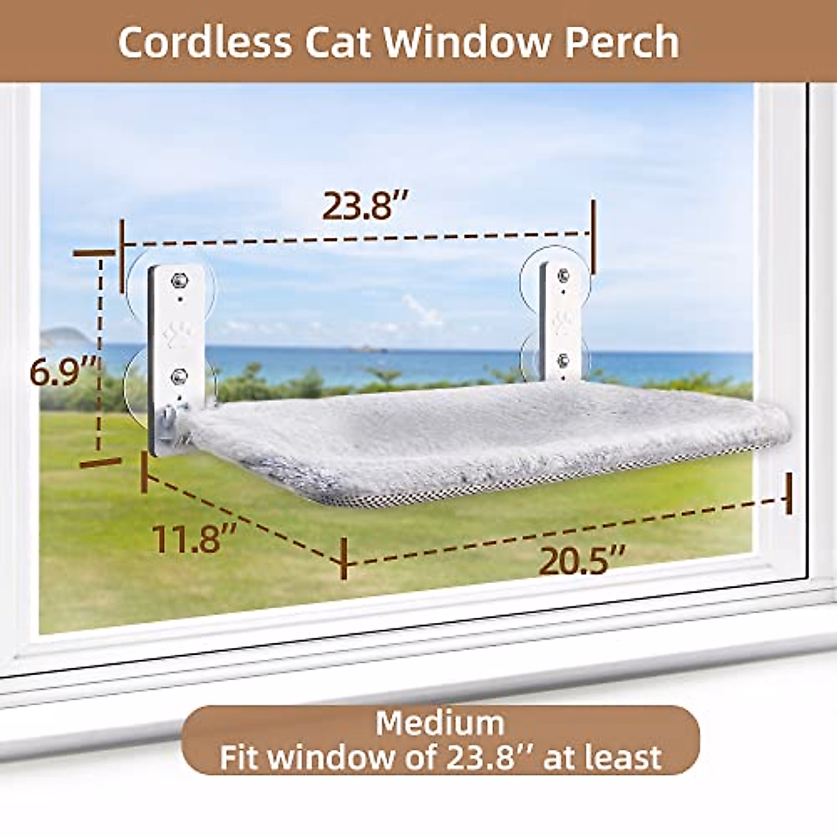 AMOSIJOY Cordless Cat Window Perch Cat Hammock, Large Cats Window Cat Beds with 4 Suction Cups & Solid Metal Frame, Foldable Cat Seat for Indoor Cats (Medium)