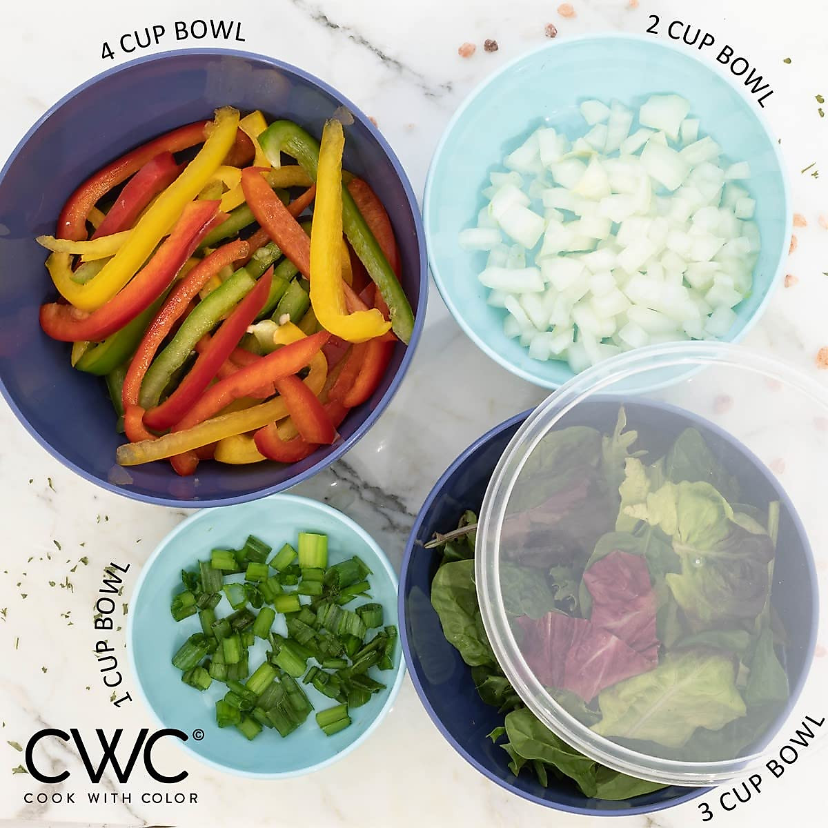 COOK WITH COLOR Plastic Prep Bowls - Mini Bowls with Lids, 8 Piece Nesting Bowls Set includes 4 Prep Bowls and 4 Lids (Ombre Blue)