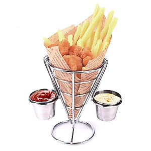 Eyourlife 2 Pieces French Fry Serving Stands with Double Sauce Holders, Stainless Steel Fry Cone Basket, Fish and Chips Holder, for Restaurant Cafe Table Food Serving