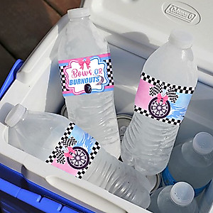 Cheereveal 28PCS Burnouts or Bows Gender Reveal Water Bottle Labels, Beverage Juice Drink Bottle Stickers Birthday Baby Shower Party Decoration