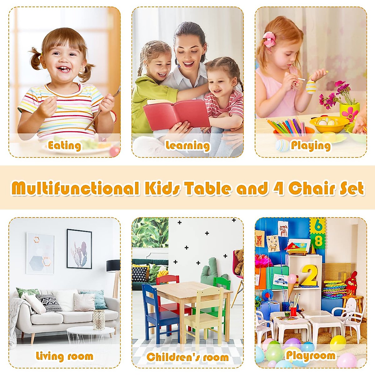 KOTEK Kids Wood Table and 4 Chair Set, Children Multi Activity Table for Learning, Playing, Drawing, Toddler Picnic Table and Chairs Set for Home, Classroom and Daycare (Assorted)