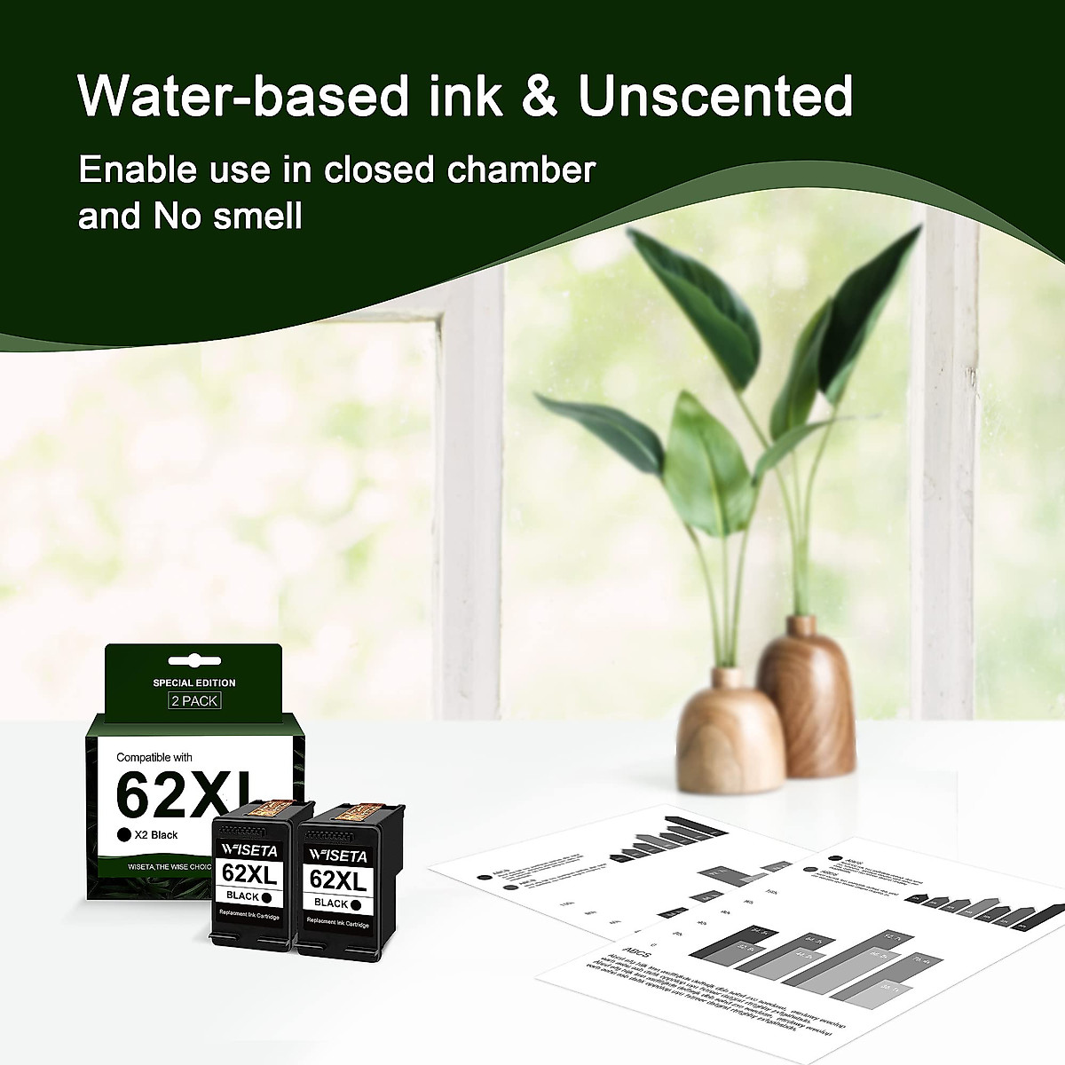 WISETA Remanufactured Ink Cartridge Replacement for HP 62XL 62 XL for Envy 5540 5640 5660 5663 7640 7644 7645 Officejet 5740 5741 8040 OfficeJet 200 250 Series Printer (2 Black)