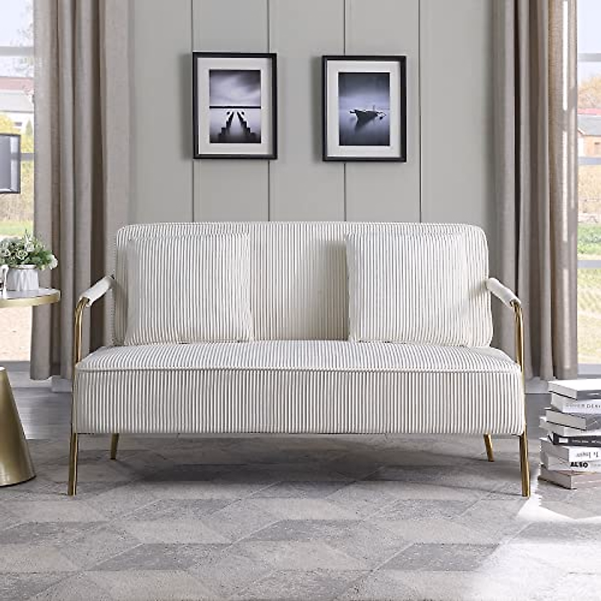 Taiweny Velvet Loveseat Small Sofa Couch, Modern Pleated Upholstered 2 Seater Love Seat Settee with Two Throw Pillows for Living Room Bedroom Apartment, 56” (Beige)