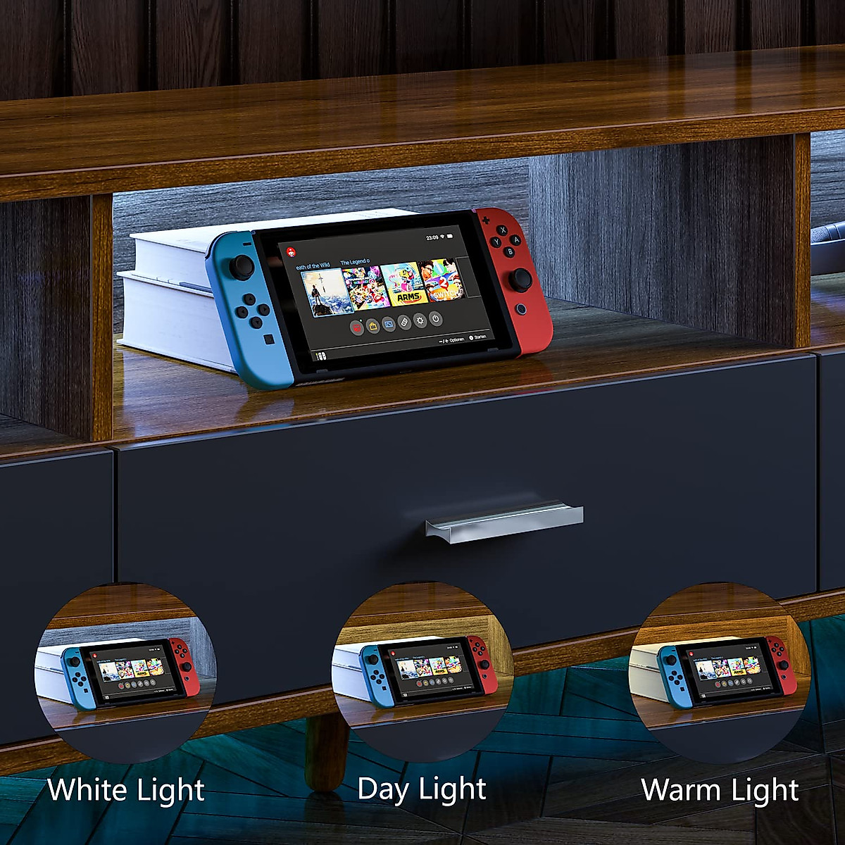 LED TV Cabinet TV Stand, 63 inch Media Console with LED Light, Entertainment Center, for TV up to 70 inch, Storage Cabinet TV Console for Living Room, Walnut Color