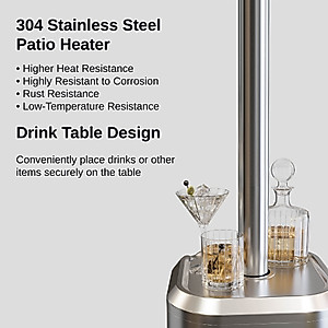 EAST OAK 50,000 BTU Patio Heater and Cover, Stainless Steel Outdoor Patio Heater With Table Design, Triple Protection System, Wheels, Propane Patio Heaters for Commercial and Residential