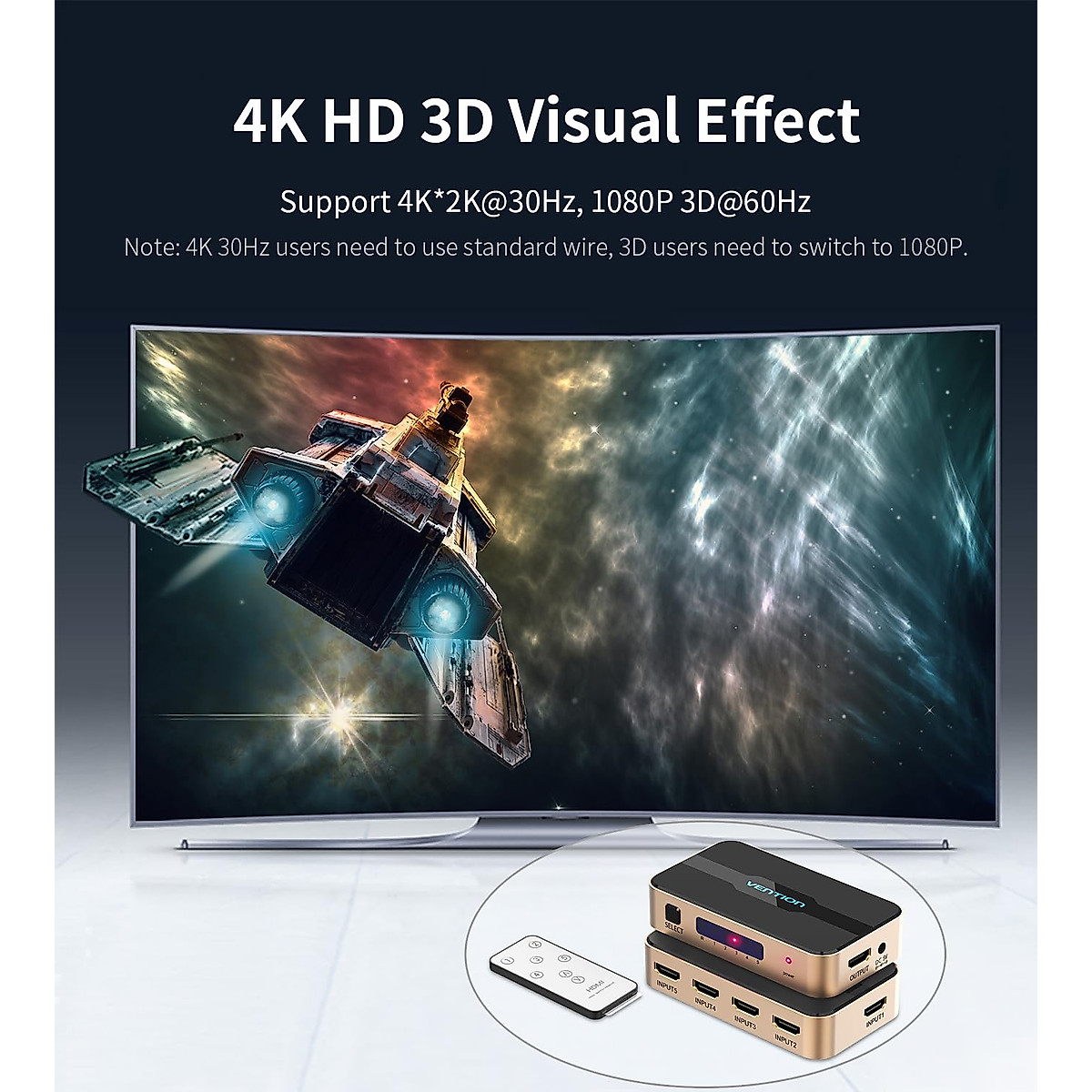 VENTION HDMI Switch 5 in 1 Out 4K@30Hz HDMI Selector Switch with IR Remote HDMI 1.4 HDCP 1.4 Support 4K HD 3D 1080P 2160P HDMI Switch Box for Roku, Apple TV, PS5/4/3, Fire Stick