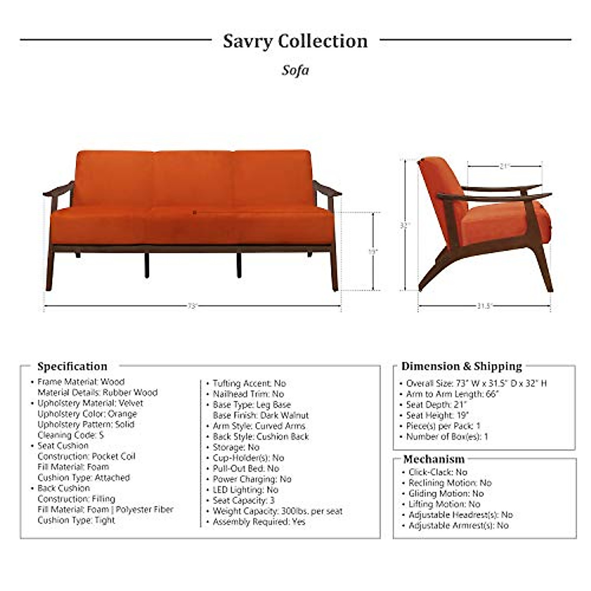 Lexicon Savry Living Room Sofa, Orange