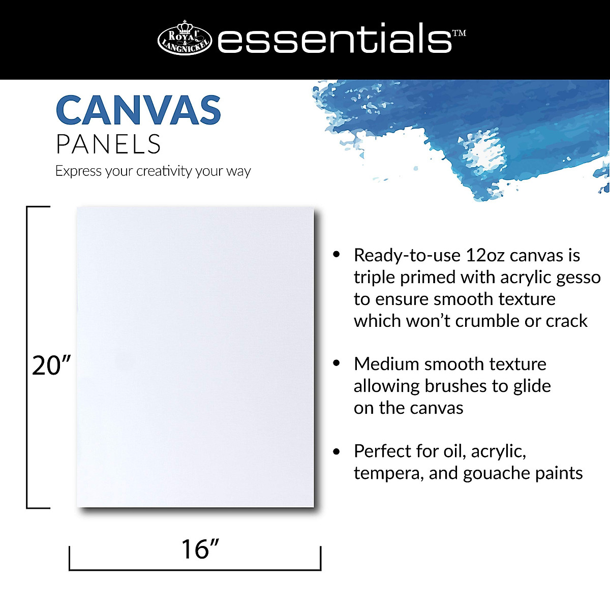 Royal & Langnickel Essentials 16x20 Triple Gessoed Canvas Panel Value Pack, for Oil and Acrylic Painting, 6 Pack