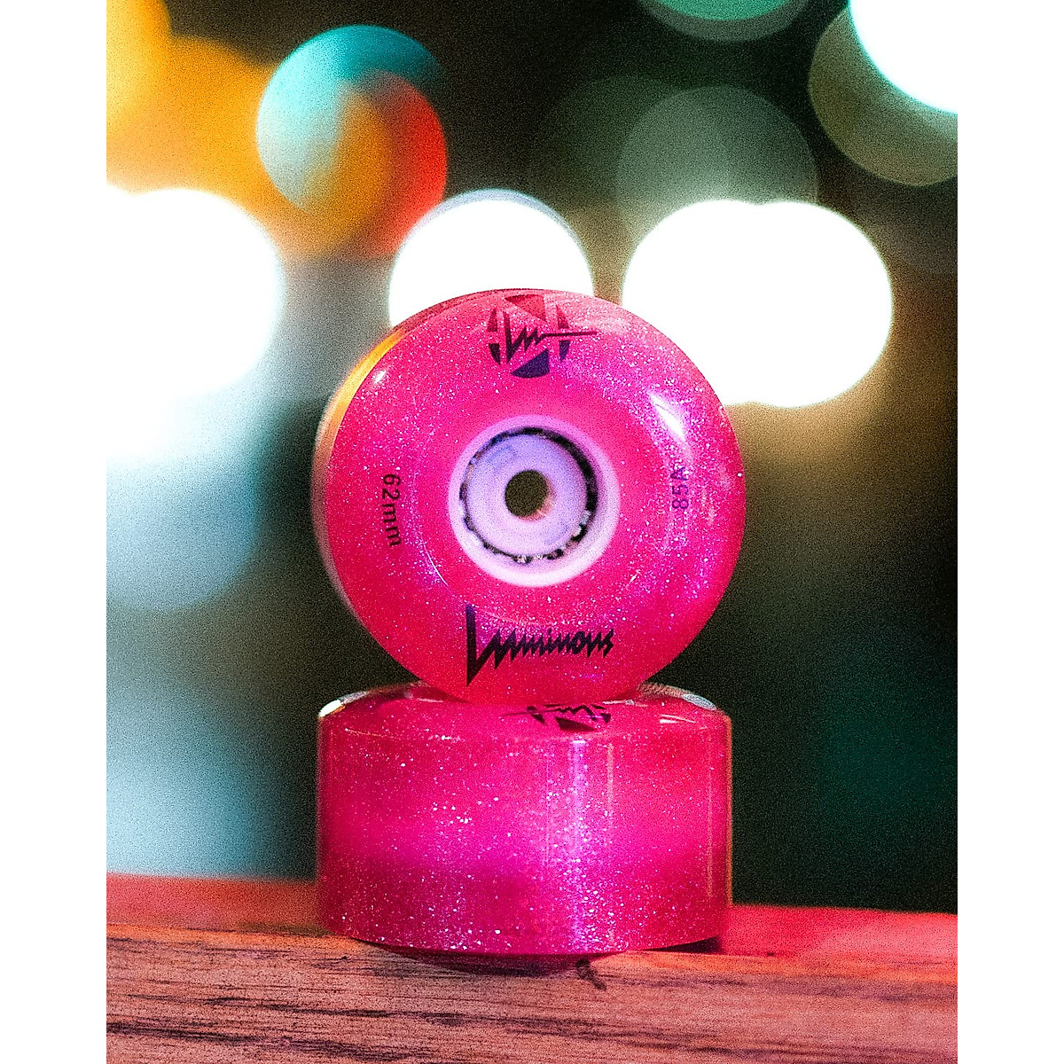 Luminous Pink Glitter Light-Up Quad Roller Skate Wheel (62mm) (Set of 4)