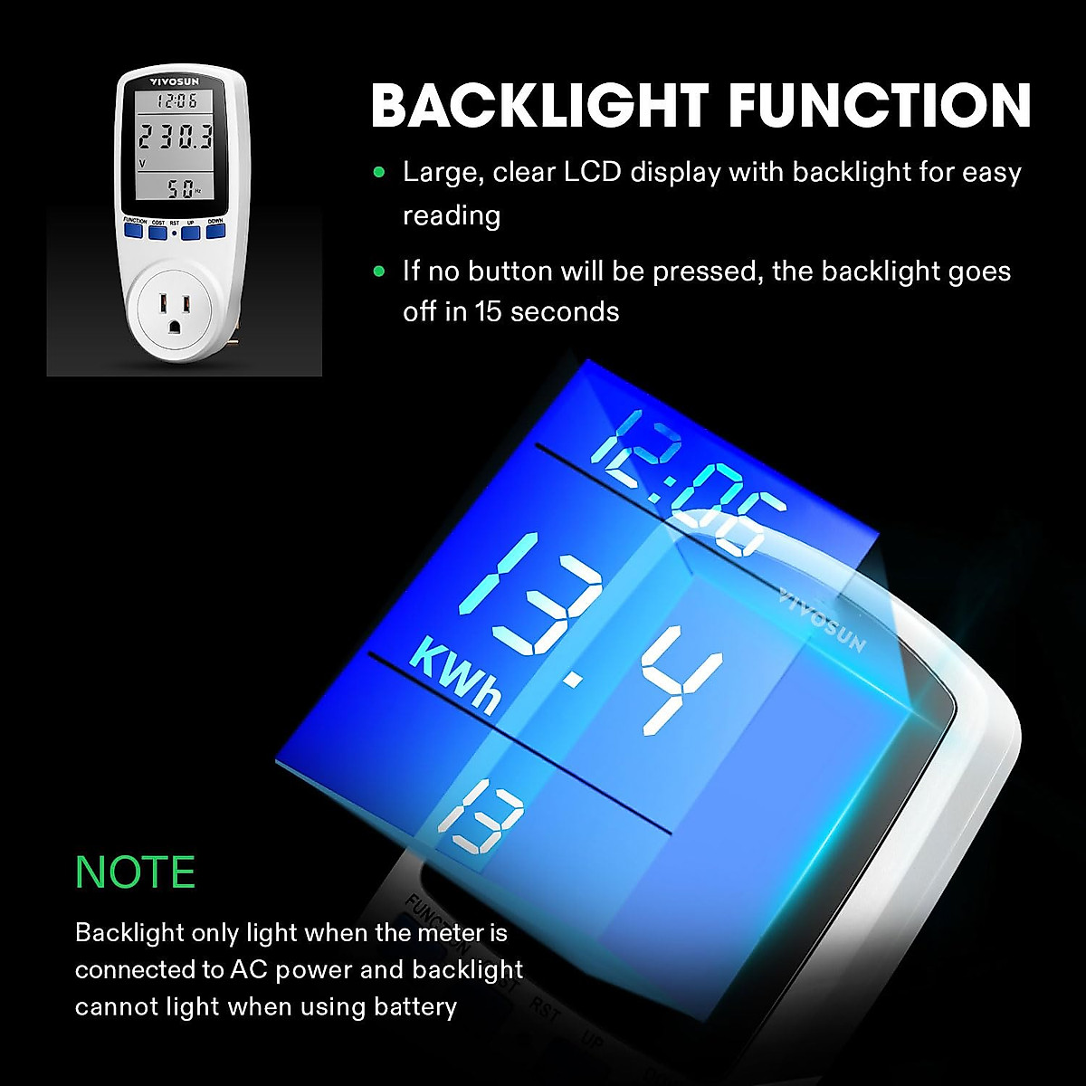 VIVOSUN Upgraded Electricity Usage Monitor, Plug-in Power Meter, Watt Voltage Amps Meter with Backlight LED, Home Energy Monitor, Overload Protection and 7 Display Modes for Energy Saving
