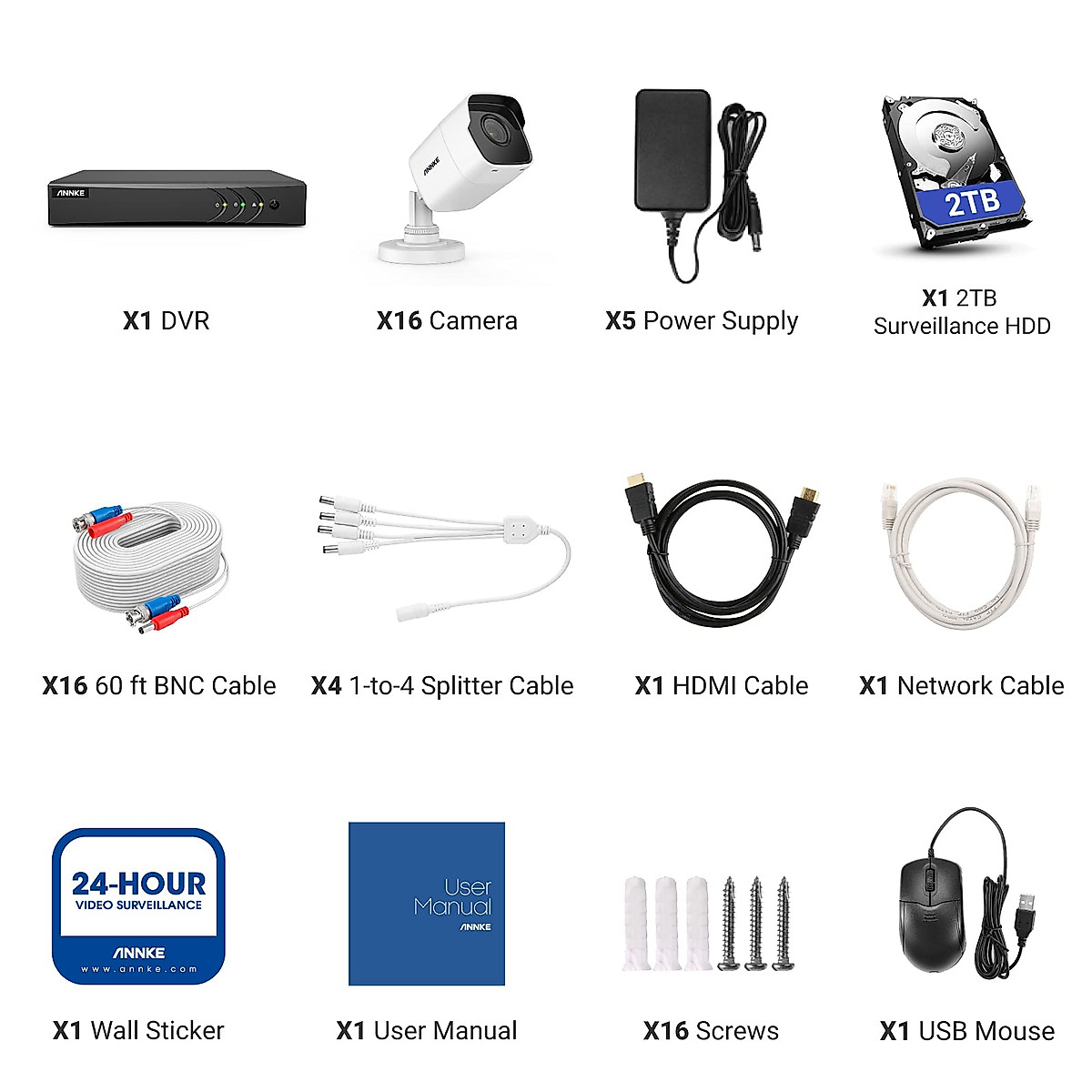 ANNKE 16 Channel 5MP Security Camera Systems H.265+ 5MP Lite DVR with 2TB Hard Drive, 16pcs 5MP Indoor Outdoor Surveillance Cameras, Easy Remote Monitoring, 100ft Super Night Vision