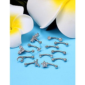 Vsnnsns 16G Rook Daith Piercing Jewelry Stainless Steel 8mm Curved Barbell Eyebrow Rings Cartilage Helix Tragus Belly Lip Rings CZ Piercing Jewelry Daith Rook Earrings for Women Men 12pcs Silve