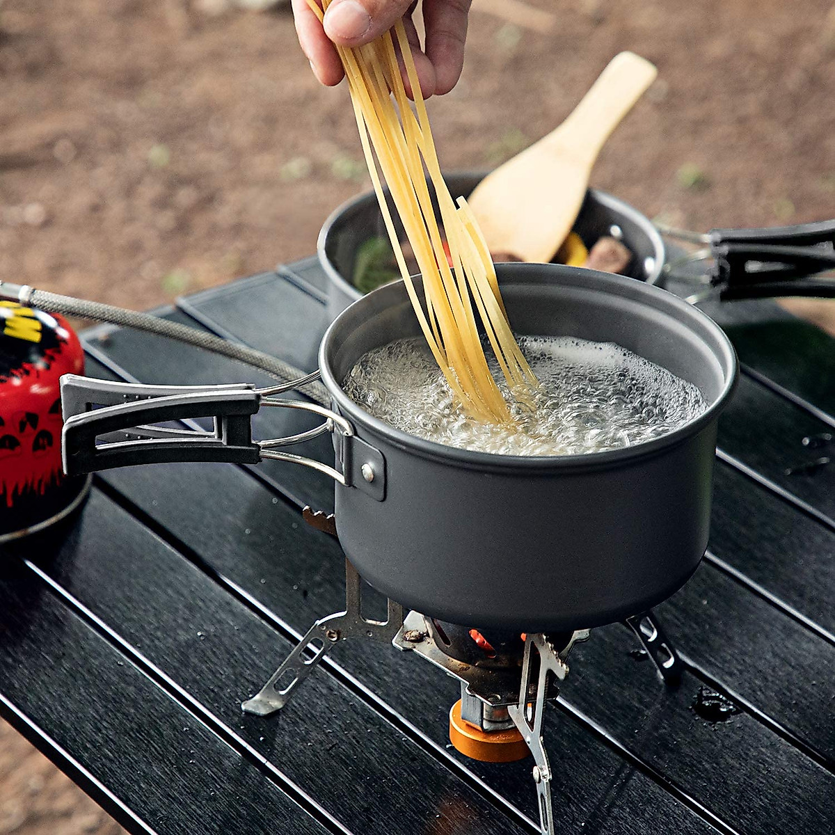 G4Free 11PCS/13PCS Camping Cookware Mess Kit Hiking Backpacking Picnic Cooking Bowl Non Stick Pot Pan Knife Spoon Set(11PCS Black)